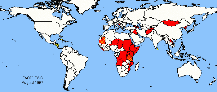 Foodcrops and shortages - map of affected countries 08/97
